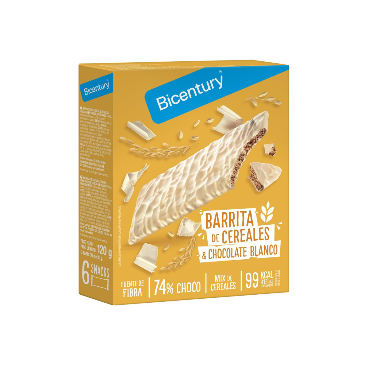 Barritas de chocolate blanco y cereales Bicentury 120 g.