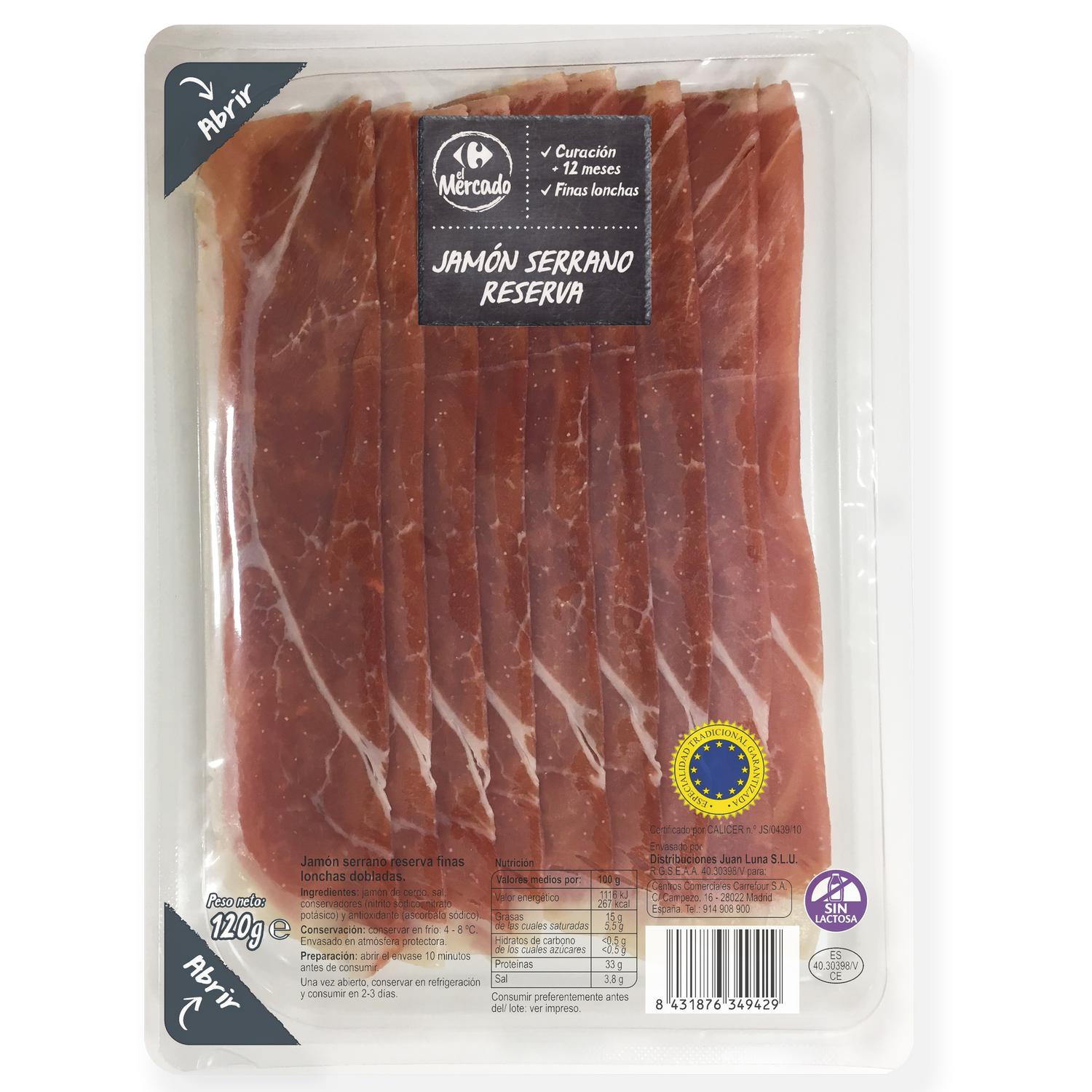 Jamón Serrano Reserva en finas lonchas Carrefour El Mercado sin lactosa ...