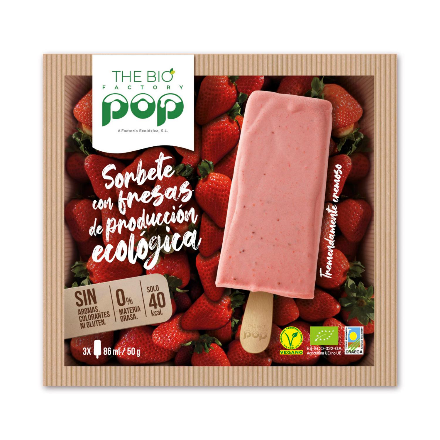 Helado de sorbete con fresas ecológico The Bio Factory sin gluten 3 ud ...