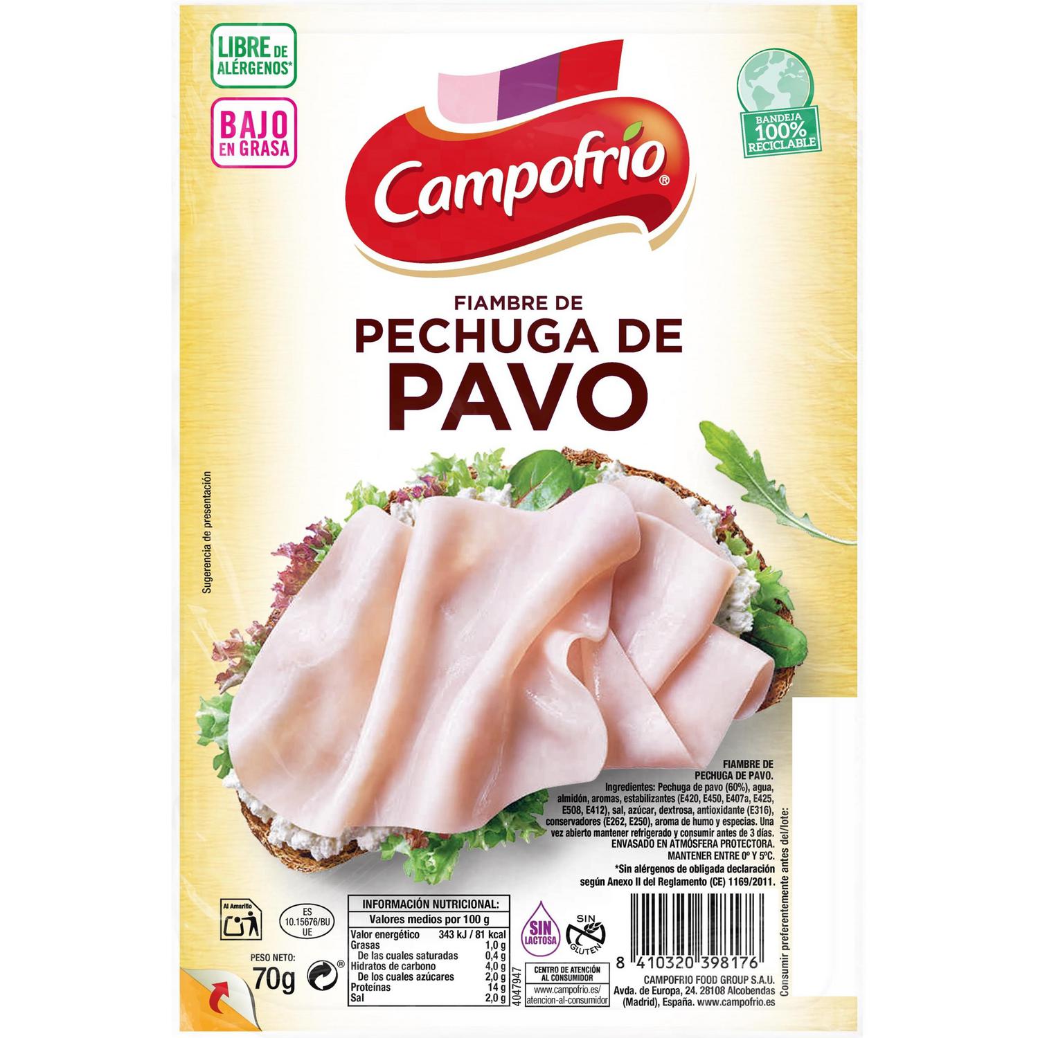 Pechuga de pavo en lonchas Campofrío sin gluten y sin lactosa 70 g. en ...