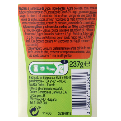 Mayonesa con mostaza de Dijón Carrefour envase 237 g. | Supermercado ...