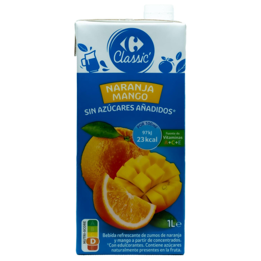 Bebida de naranja y mango Carrefour Classic sin azúcar añadido brik 1 l ...